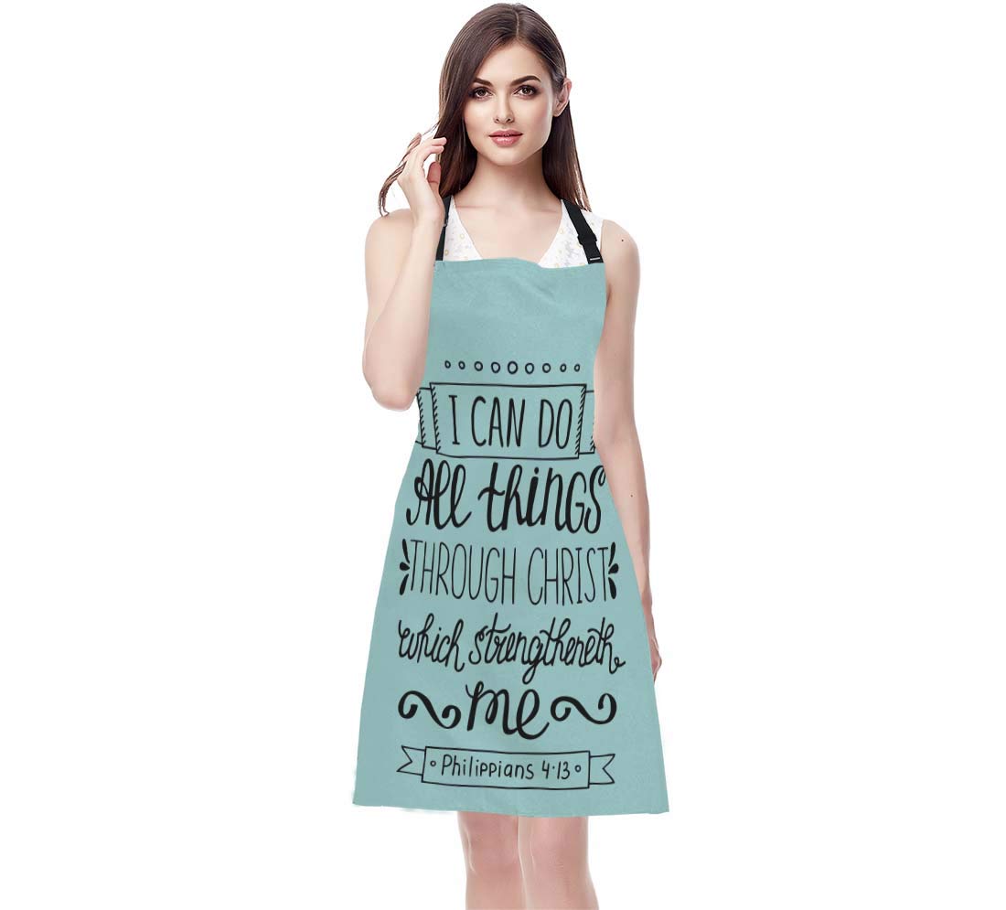 EKOBLA Bible Verse Aprons With I Can Do All Things Through Christ Christian Lettering Quote Waterproof Resistant Chef Cooking Kitchen BBQ Adjustable Aprons for Women Men 27x31 Inch
