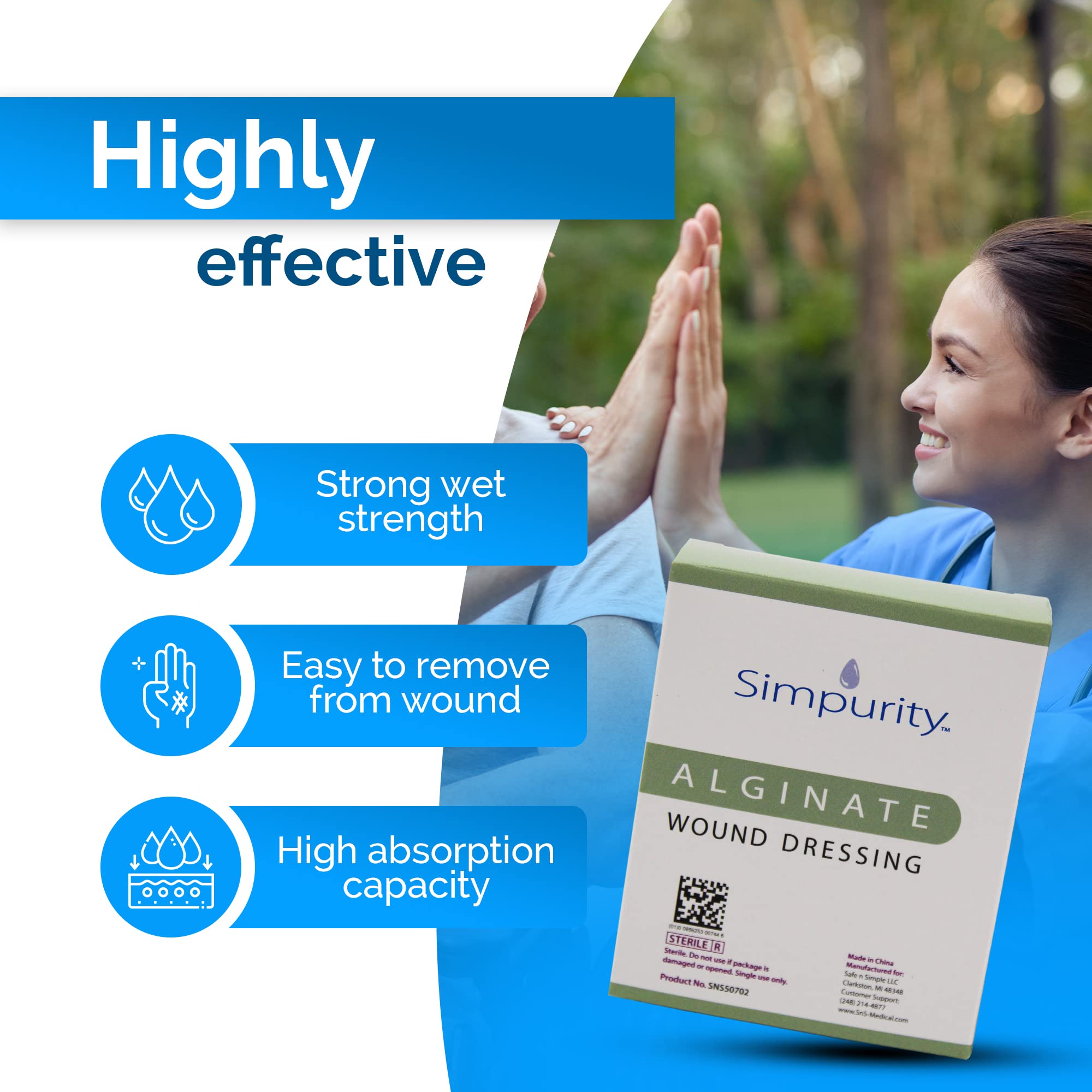 Calcium Alginate Wound Dressing 4" x 8" -Simpurity- Individual Thick Pads Antimicrobial Alginate Dressing Fiber Padding Medical Wound Care Products for Bed Sore-Pressure Sore-Leg Ulcer-Diabetic Foot