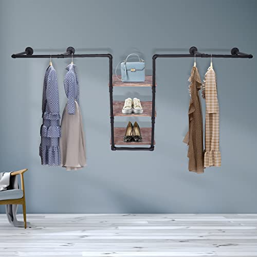 VPABES Wall Mounted Clothing Storage Rack 3 Tiers Industrial Pipe Rustic Garment Hanging Bar Space-Saving Wooden Shelves Book Plant Retail Display Shelf for Boutique Store
