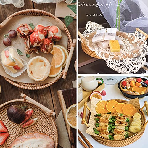 Dicunoy 3 Pack Rattan Basket Tray, Round Wicker Serving Baskets with Handles for Bread, Coffee Table, Decorative Woven Serving Tray for Vegetable, Snack (10", 9", 8")