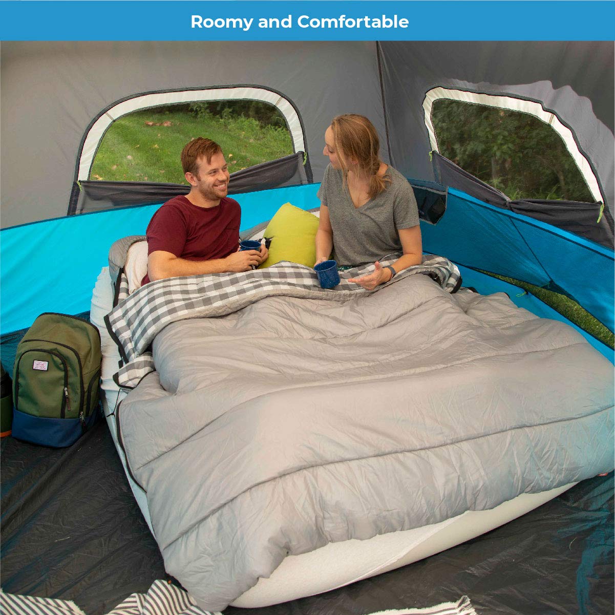 Core 40 Degree Double Sleeping Bag for Backpacking, Camping, or Hiking - Fits Queen Size Air Bed for Adult, Teens, and Kids, Gray (40110)