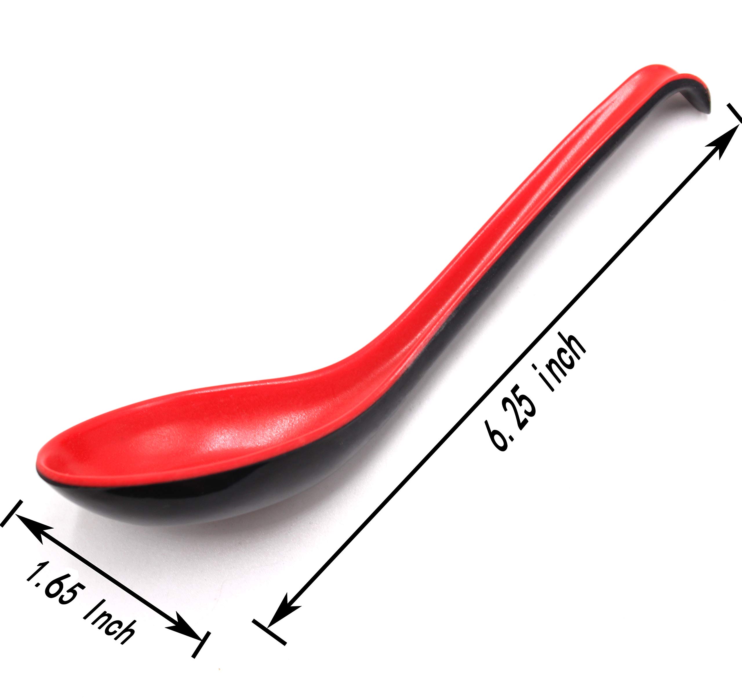 Large Japanese Soup Spoons Red and Black with Long Handle, Set of 8