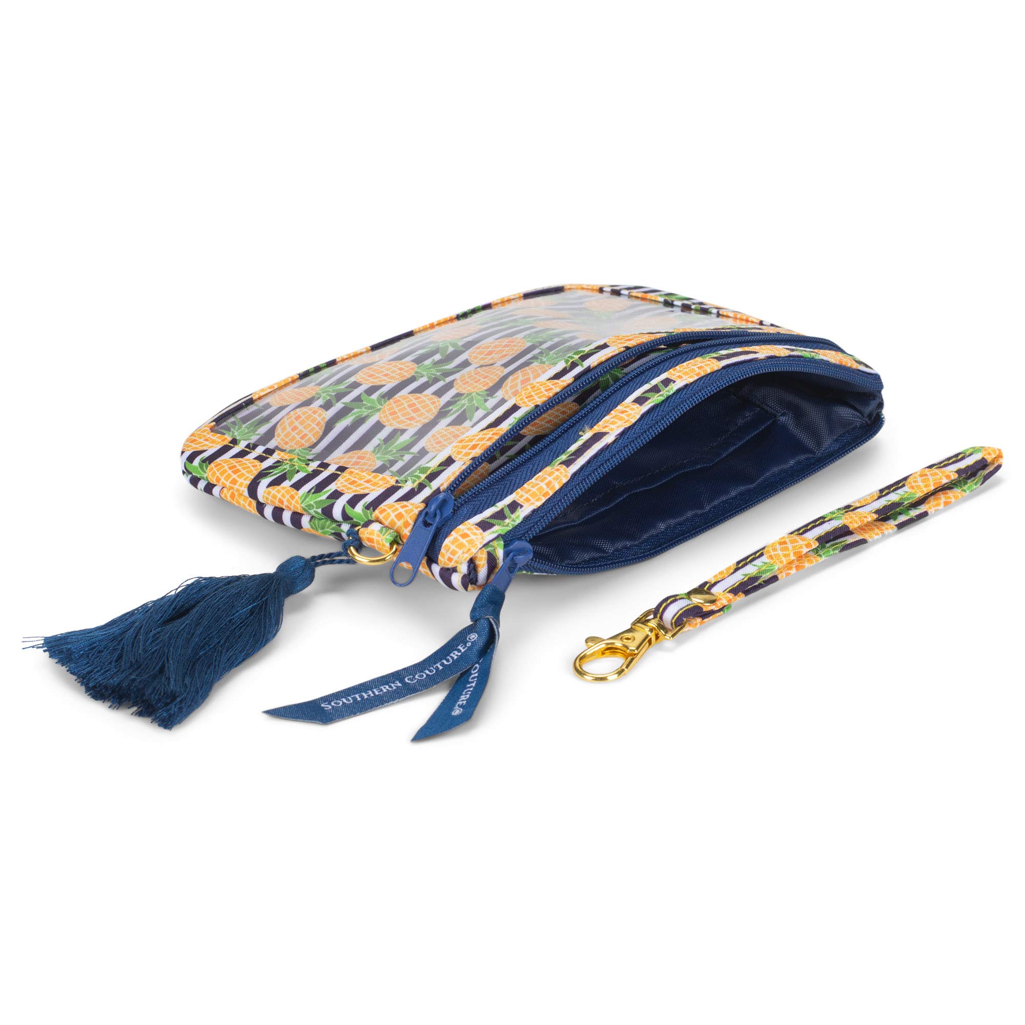 Southern Couture Pineapples Stripe Yellow and Navy Blue 7 x 5 Polyester Phone Wristlet Handbag