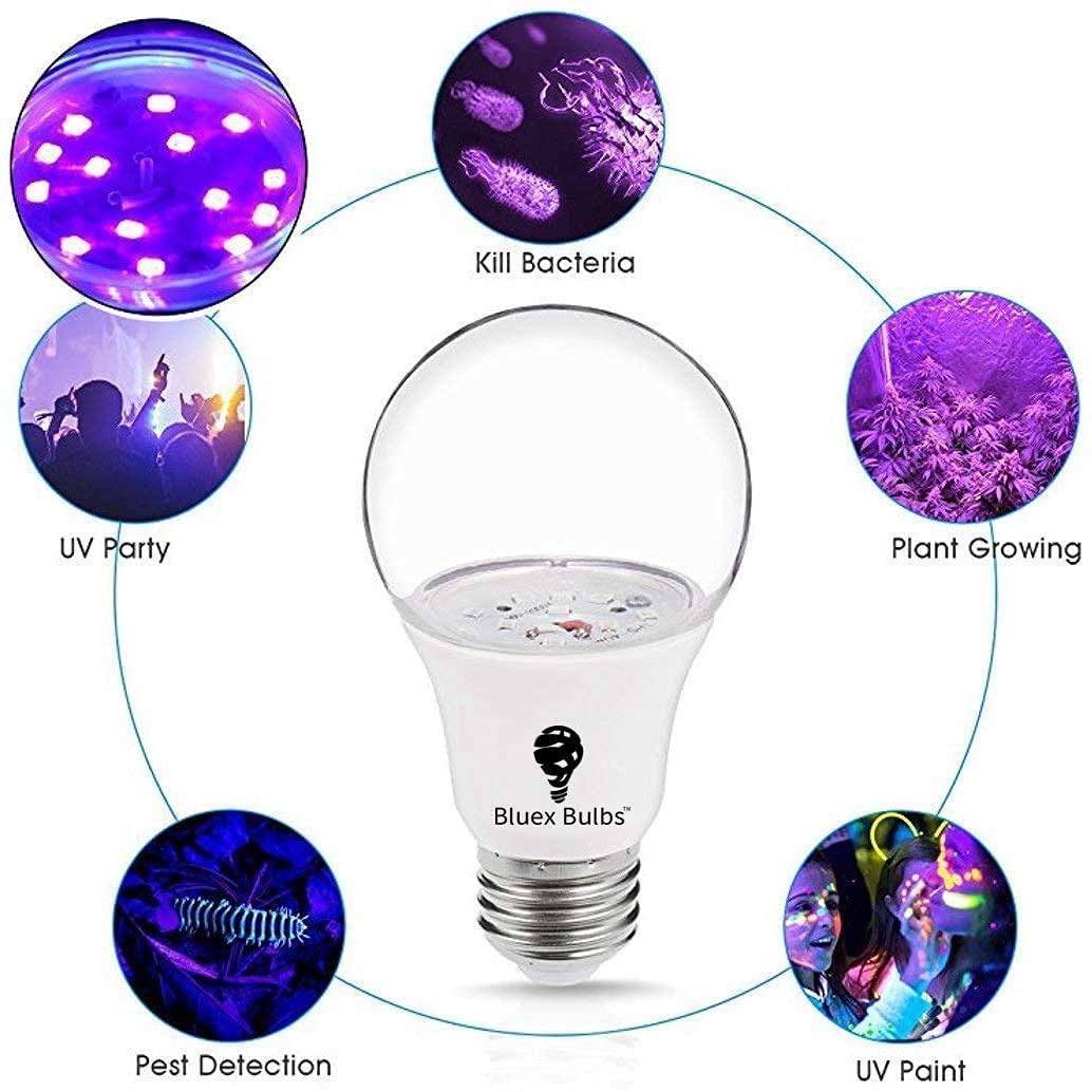 Bluex Bulbs 6 Pack LED Black Light Bulb, 9W A19 E26 Blacklight Bulb Level 385-400nm, Body Paint, Glow in The Dark LED Light Bulb Neon Glow Fluorescent Poster Black Bulb (6 Pack)
