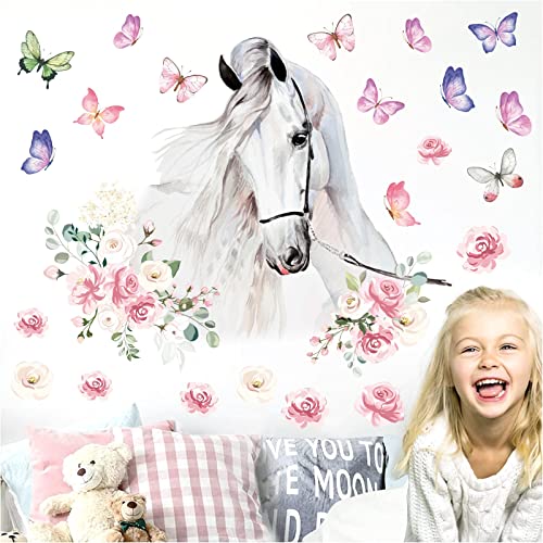 White Horses Wall Decals Farm Animal Decals Peel and Stick Wild Horse Wall Decor Butterfly Flowers Wall Stickers Horses Wall Art Mural for Living Room Kids Bedroom Nursery Farmhouse Office Decor Gift