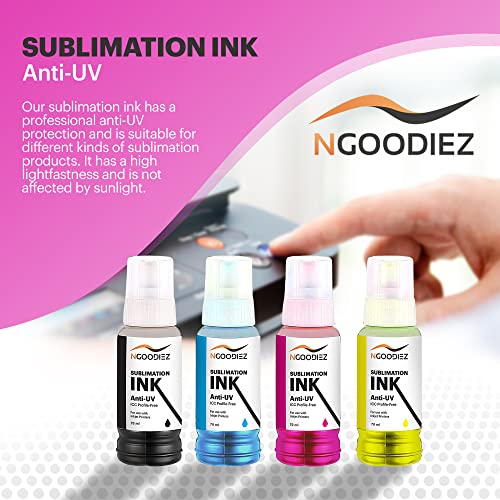 NGOODIEZ Sublimation Ink for Epson All Ecotank, Supertank Inkjet Printers Autofill, ICC-Free, Anti-UV and Fade Resistance - Conversion Kit/Refill ET2720 2803 4800 7720-4x70 ml (1 B, 1 C, 1 M, 1 Y)