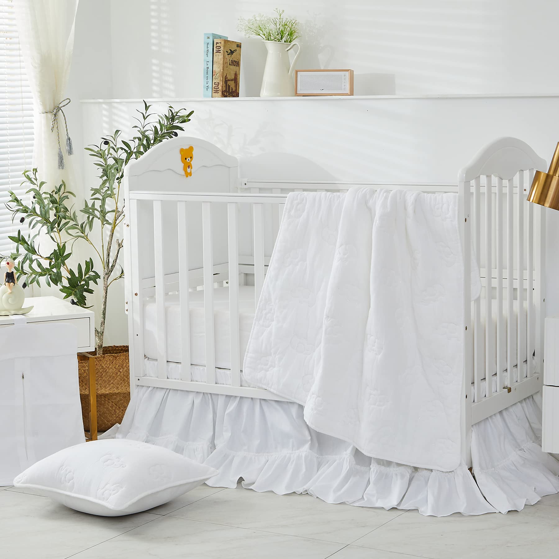 Brandream Gender Neutral Boho Bohemian Baby Girl Boy Nursery Crib Bedding Set - 3pc - Solid Color White Farmhouse Chic Unisex Elephant Embroidery Cotton Quilt Set