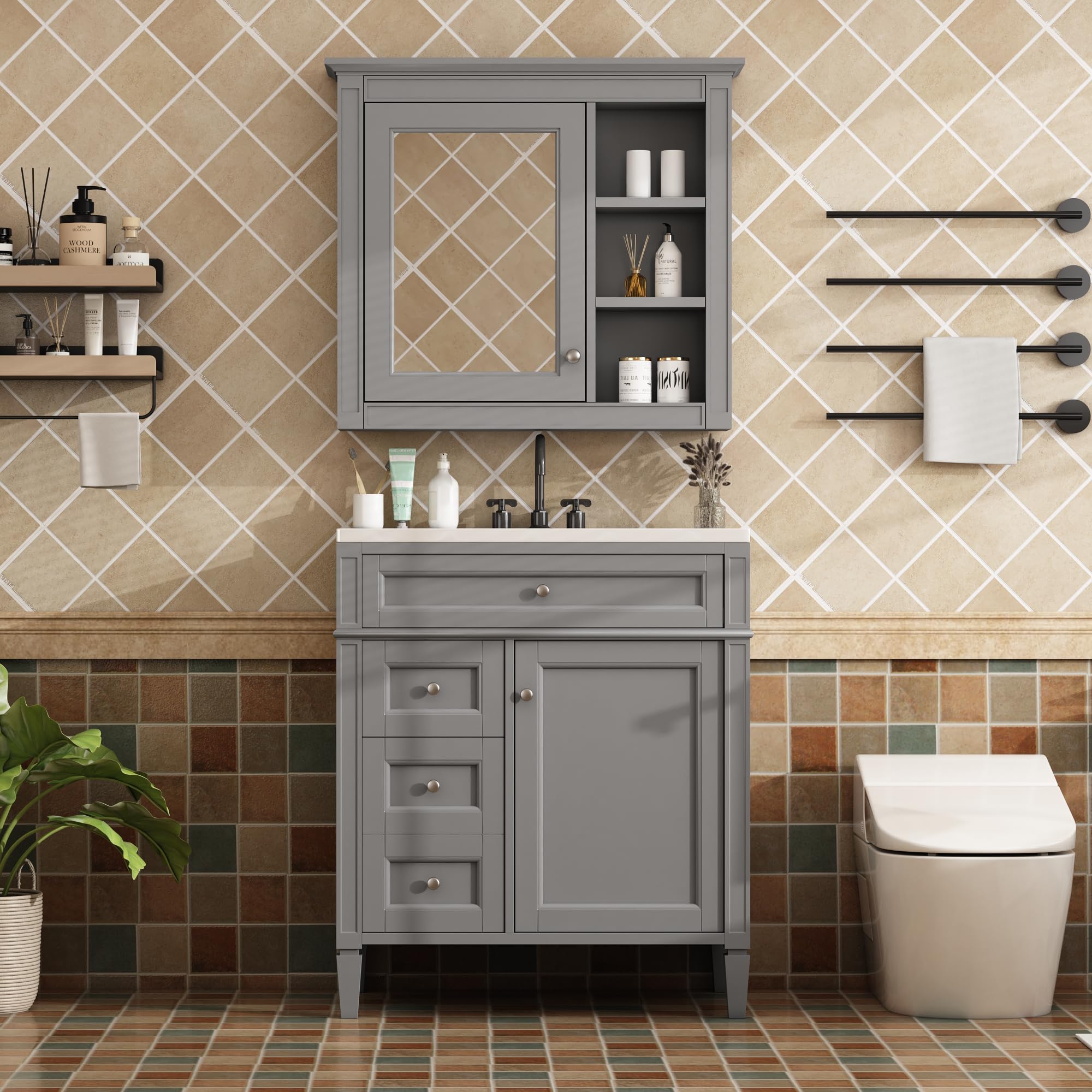 Merax Bathroom Medicine Cabinet with Mirror, Wall Mounted Bathroom Storage Cabinet with Mirror Door & 3 Adjustable Opening Shelf, Over The Toilet Space Saver Storage Cabinet
