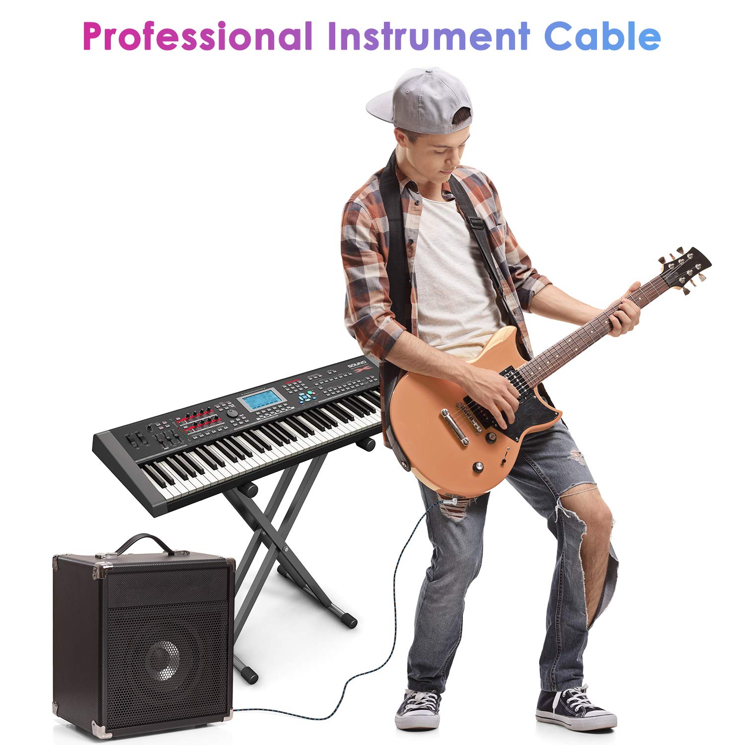 Sovvid Guitar Cable 10FT 2 Pack Instrument Cable Guitar Cord Electric Guitar Cable Guitar AMP Cord for Bass Guitar Keyboard 1/4 Inch Cable Right Angle Black and Black Blue