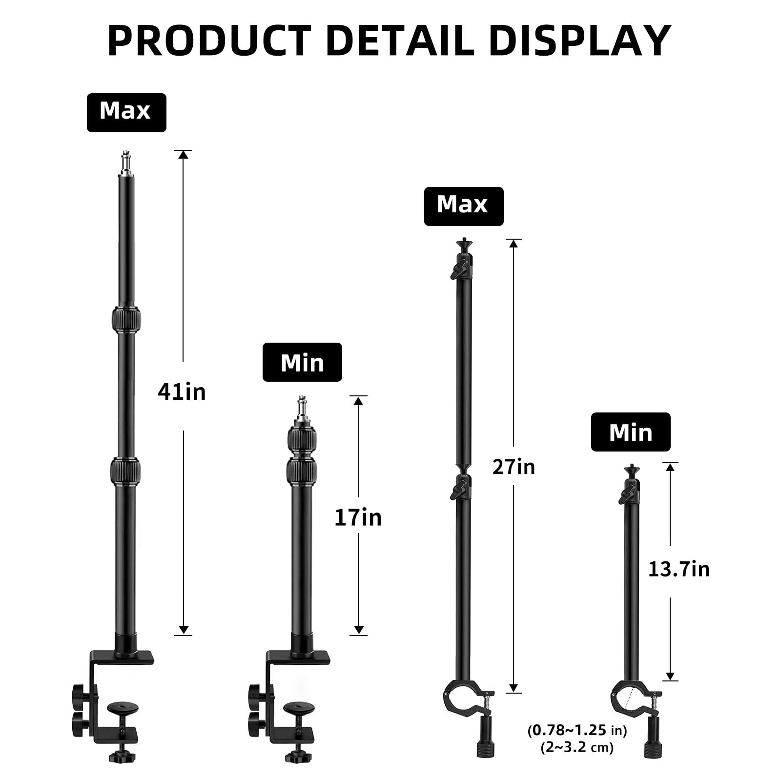 Obeamiu Desk Mount Stand with 27'' Auxiliary Holding Arm, Detachable 2-Section Magic Arm Overhead Light Stand, 16.7-40.1 in Tabletop Stand for DSLR Camera/Fill Light/Live Streaming/Webcam