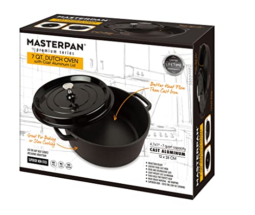 MasterPan 7 Quart Non-Stick Cast Aluminum Dutch Oven Casserole Stockpot 11", Black