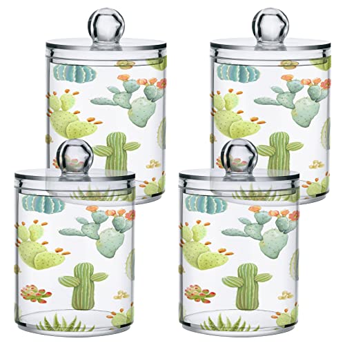 Kigai 2PCS Cactus Qtip Holder Dispenser with Lids - 14 oz Bathroom Storage Organizer Set, Clear Apothecary Jars Food Storage Containers, for Tea, Coffee, Cotton Ball, Floss
