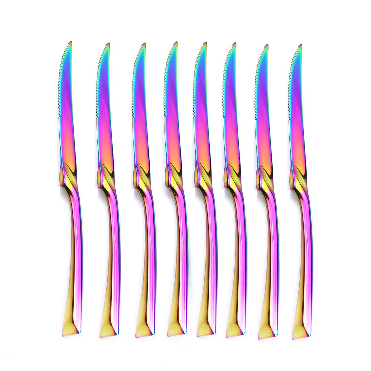 JASHII 18/10 Stainless Steel 8 Piece Mirror Polished Rainbow Serrated Steak Knife Colorful Serving Black Utensil Set