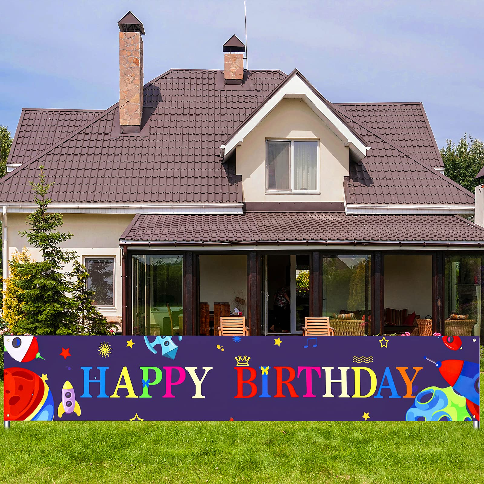 Space Happy Birthday Banner,happy birthday outdoor banner,Space Theme Banner,Outer Space Birthday Party Supplies Happy Birthday Yard Sign Backdrop Background for Indoor Outdoor Decorations 9.8x1.6ft