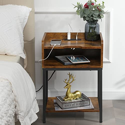 Nightstand with Charging Station, Side Table End Table with USB Ports and Power Outlets, Modern Bedside Night Stand for Bedroom, Living Room, Retro Brown 1-Pack