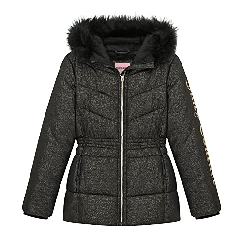 Juicy Couture Girls Puffer Jacket, Laminated Bubble Kids Coat with Fur Hoodie, Black, Small