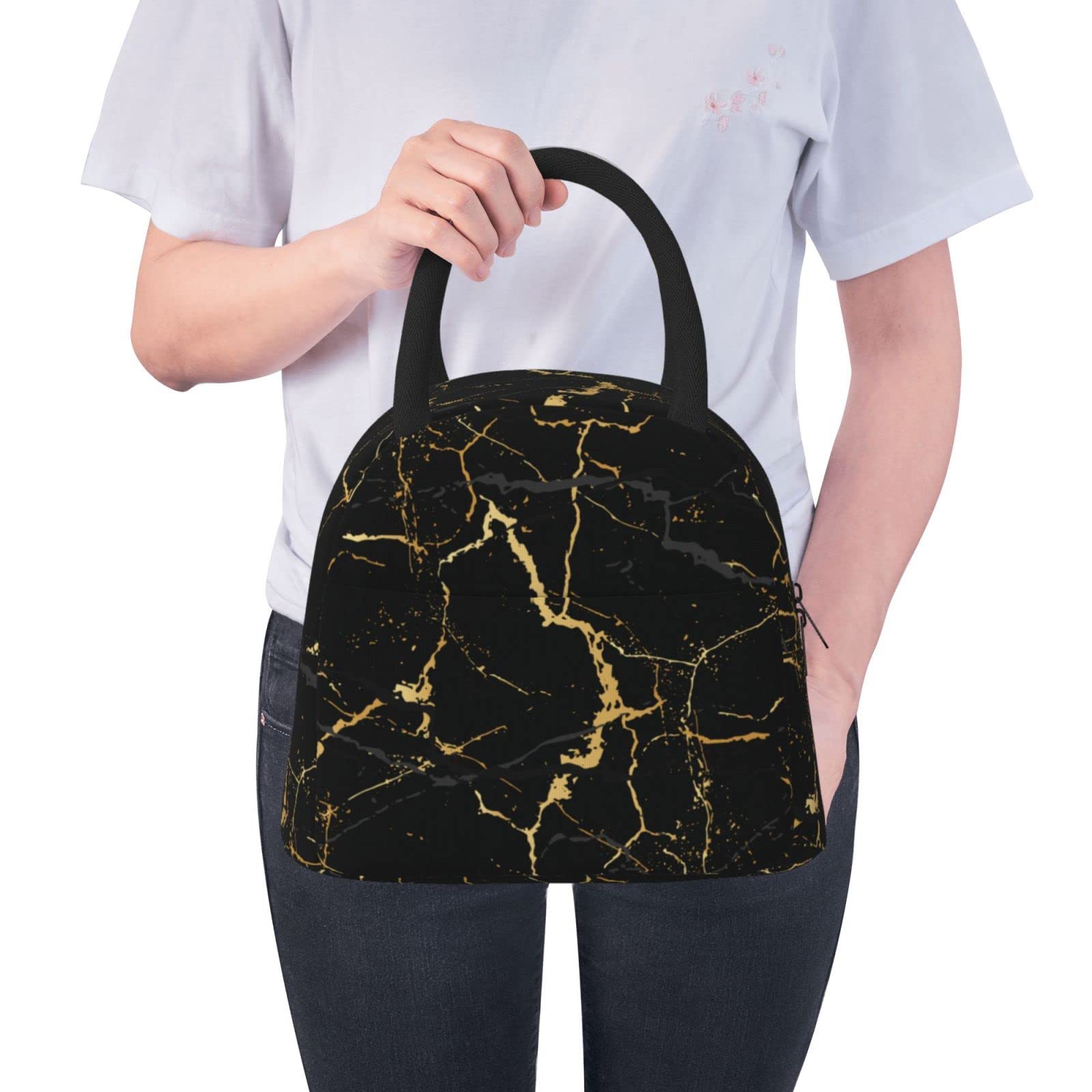 Fiokroo Lunch Bag Insulated Black Marble Texture Lunch Box Marbling Reusable Lunch Tote Bag For School Work College Outdoor Travel Picnic, 10l