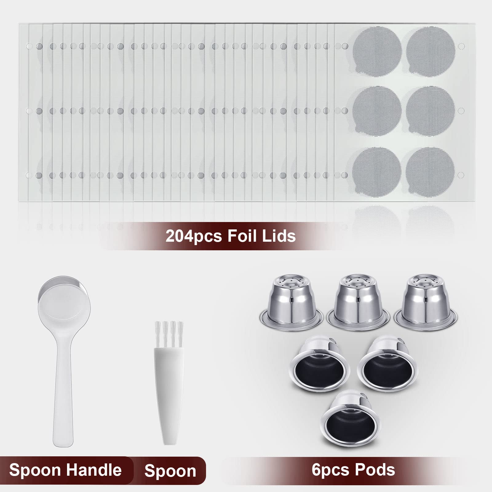 Didaey Reusable Espresso Capsules Stainless Steel Refillable Coffee Pods Reusable Espresso Pods with Aluminum Foil Seals Stickers Lids Compatible with Nespresso Machines (6 Cups, 204 Lids)