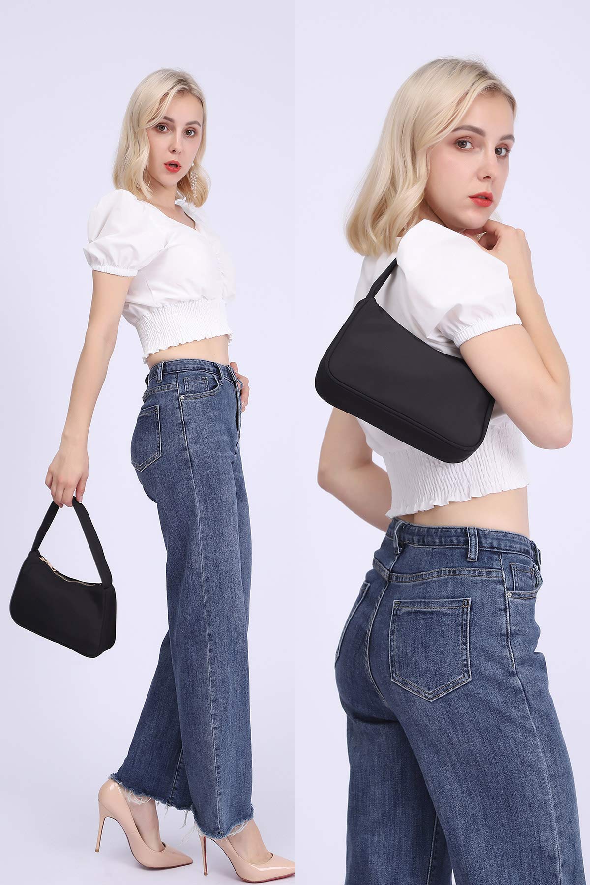 YIKOEE Small Nylon Shoulder Bags for Women Elegant Feminine Mini Handbags with Zipper Closure (Black)