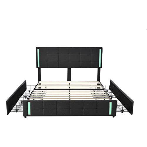 Harper & Bright Designs Queen Size Upholstered Platform Bed with LED Lights and USB Charger, Queen Storage Bed, Linen Platform Bed Frame with 4 Drawers, for Kids Teens Adults (Dark Gray)