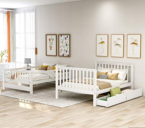 Harper & Bright Designs Full Over Full Bunk Beds with Storage Drawers and Stairway, Wood Bunk Bed Frame, Convertible Bunk Bed for Kids, Teens, Bedroom, Guest Room Furniture (White)