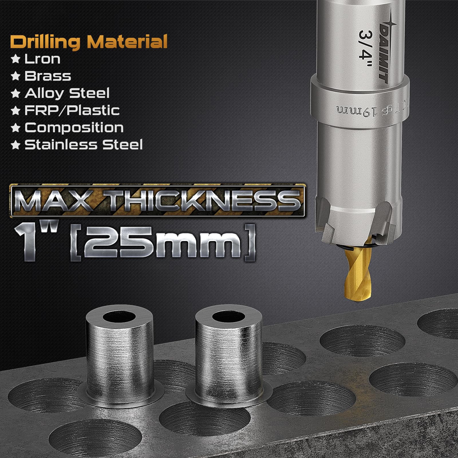 DAIMIT 19Pcs TCT Hole Saw Kit, 1/2"-2-1/8" Heavy-Duty Tungsten Carbide Hole Saws Kit for Metal, Stainless Steel, Iron, Wood, Plastic, with 3*Detachable Pilot Drill Bits and 3*L-Wrench