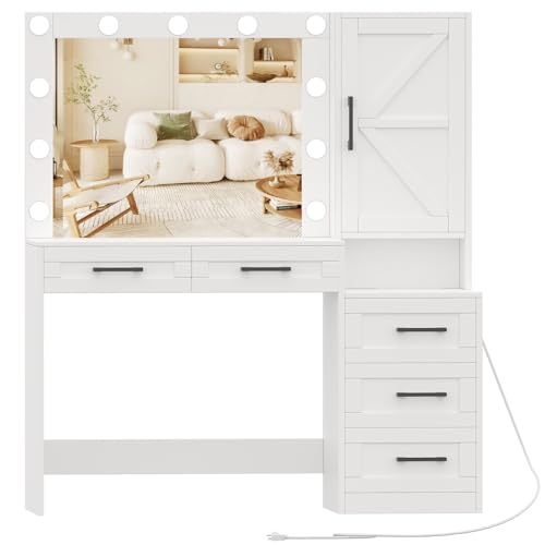 Irontar Makeup Vanity Desk with Charging Station, Farmhouse Makeup Desk with Lights Mirror and Drawers, Vanity Table with Side Cabinet, Dressing Table for Women, White WDT008W