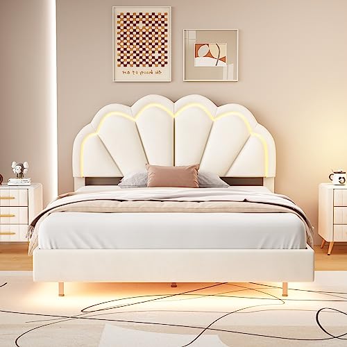 Harper & Bright Designs Floating Upholstered Full Platform Bed with LED Lights and Flowers Headboard. Velvet Full Size Bed Frame with Wooden Slats Support, No Box Spring Needed (Full, Beige)