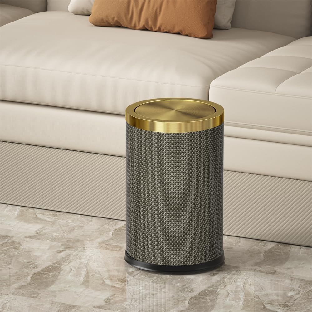 YOJIA 9L/2.4Gal Gold Trash Can with Swing Cover,Creative Shake Lid Leather Garbage Can, Garbage Can for Kitchen,Bathroom,Living Room,Office (9L-Checked Grey)