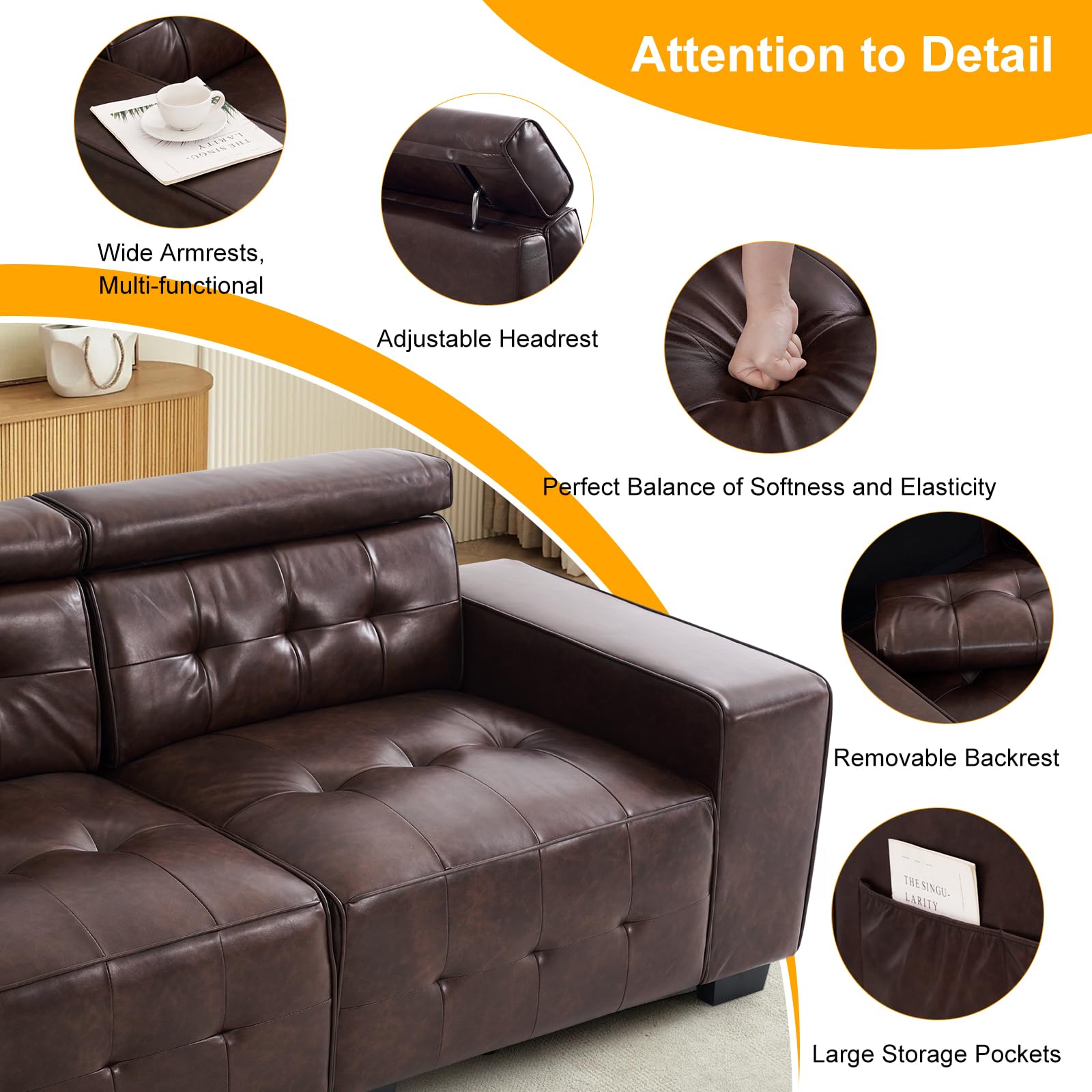 KeyEnergy 82" Faux Leather Sofa Couch, Adjustable Headrests, 25D Memory Foam Cushions,Modern 2 Seat Sofas,loveseat,Three Seater Sofa,Suitable for Living Room, Apartment, Office, Brown Couch