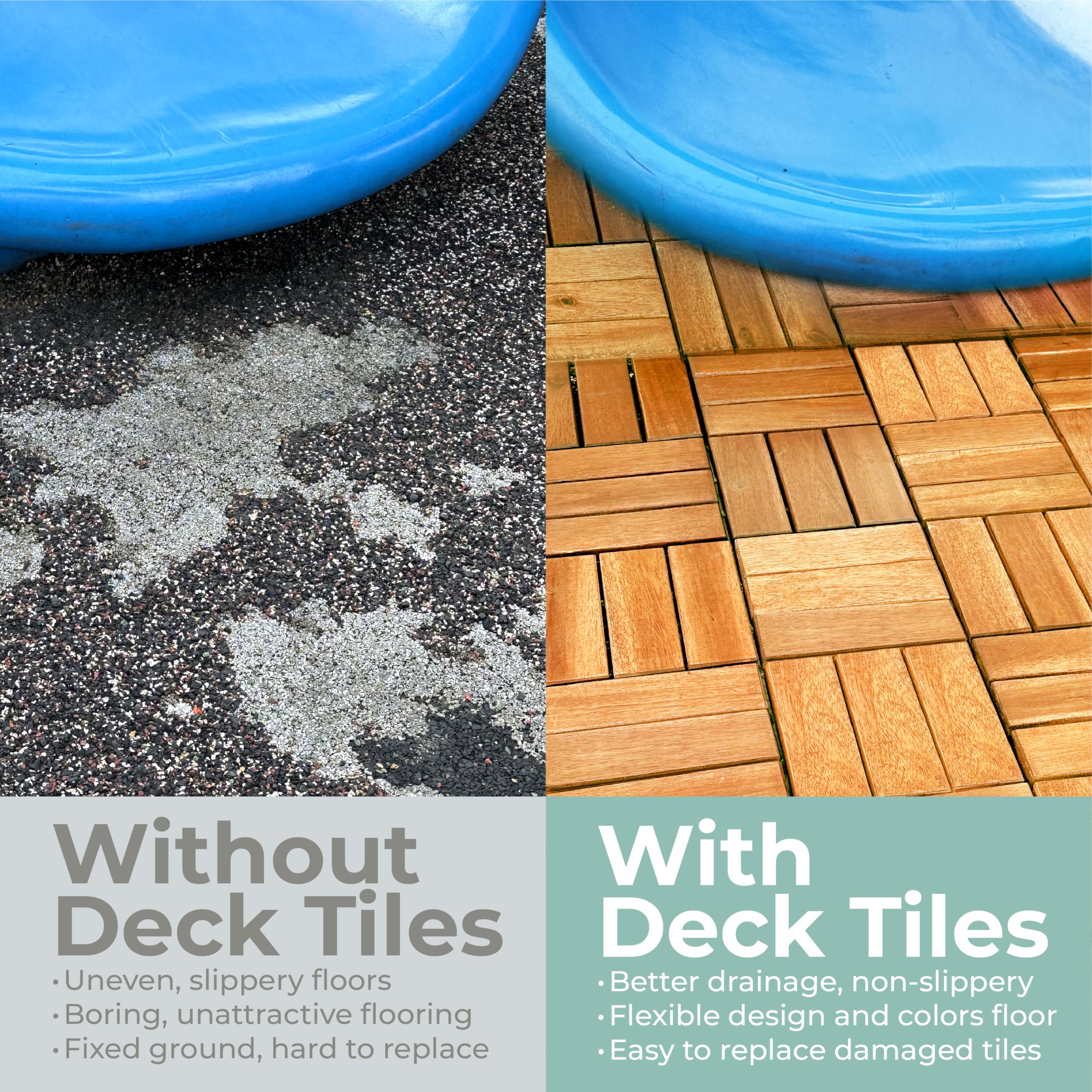 CLOVERHOLM 10Pcs Interlocking Deck Tiles - Waterproof 12βx12β Acacia Wood Tiles, Patio Tiles for Indoor and Outdoor, interlocking outdoor floor tiles, pavers, 12 Slats Checker Pattern (Natural, 12in)