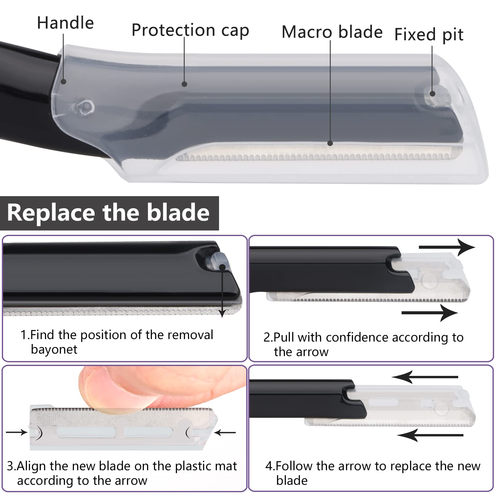 Dermaplaning razor,Eyebrow razor, metal eyebrow trimmer, replaceable blades, Shaver and Eyebrow Shaper For Women & Man,with 20 blades (black)