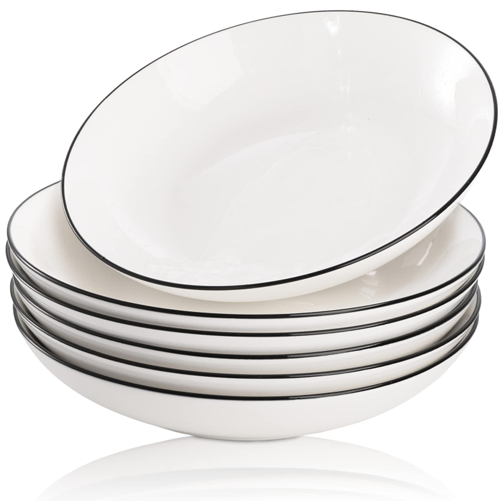 Dicunoy 6 Pack Pasta Plates, 8" Porcelain Salad Bowls, Shallow White Dinner Soup Serving Plate, Spaghetti Dishes with Black Rim for Cereal, Dessert, Snack, Microwave & Dishwasher Safe