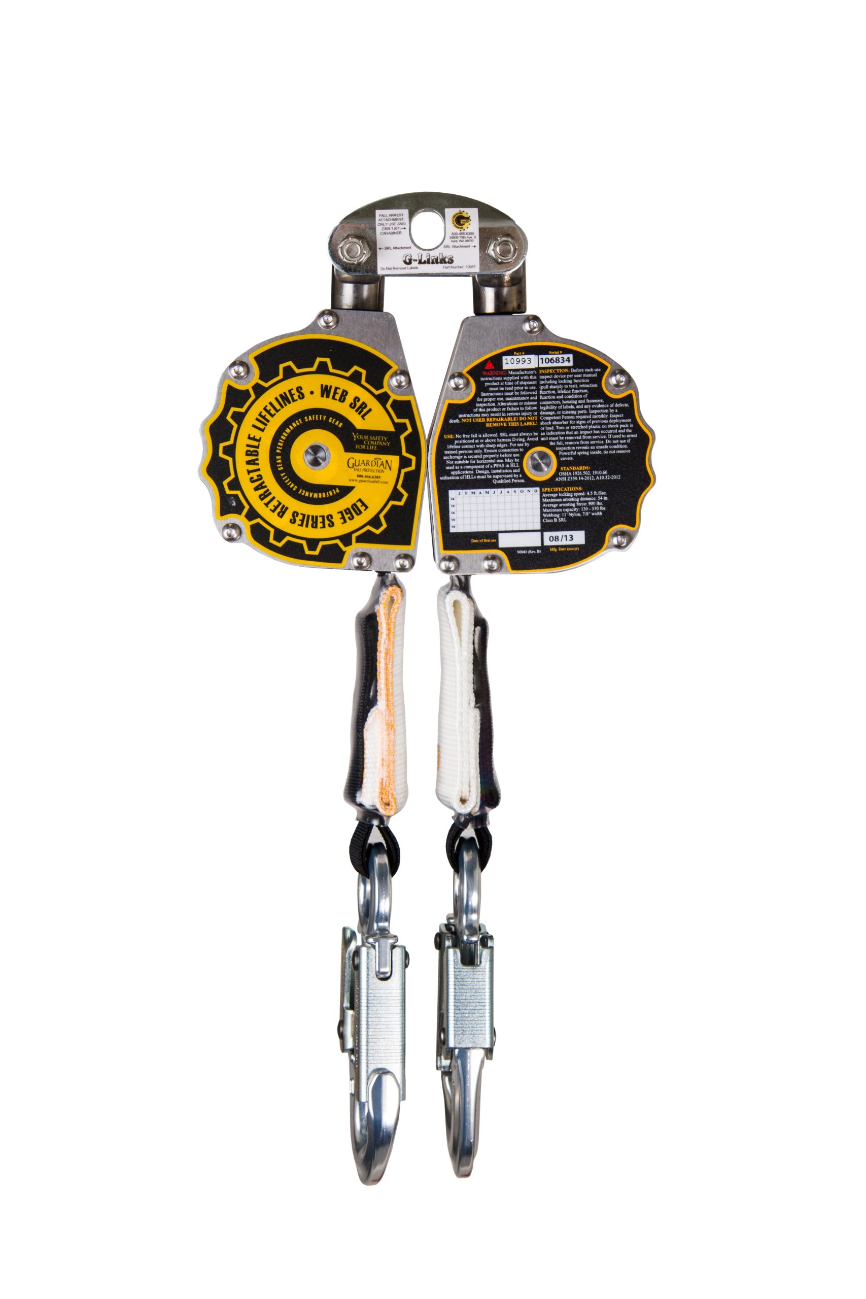 Guardian 10994 Halo G-Link Dual Retractable SRL – 11 ft. Nylon Webbing with Carabiner, Connector Bracket, Aluminum Snap Hooks