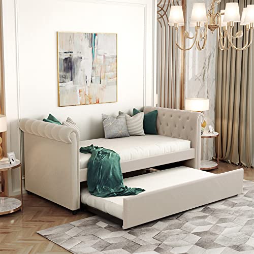 Harper & Bright Designs Twin Daybed with Trundle Bed, Twin Size Upholstered Daybed with Wood Slat Support, Upholstered Tufted Sofa Bed, No Box Spring Needed (Twin, Beige)