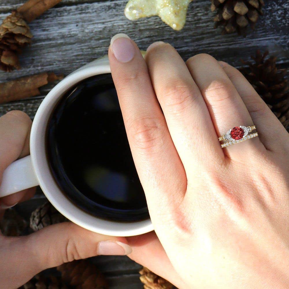 Clara Pucci 2.66 carat Round Shape Solitaire 3 stone Natural Garnet Engagement Wedding Anniversary Bridal Ring band set 14k Multi Gold 7