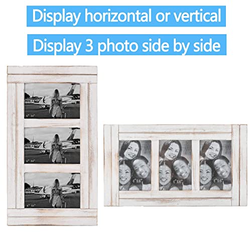 Rustic Distressed 3 Picture Photo Frames Collage 4x6 Wall Mounted Craftsmanship, Hanging Horizontal and Vertical, Gift for Halloween, Thanks Giving Day, Birthday, Anniversary, Christmas, New Year, Mother's Day(White)