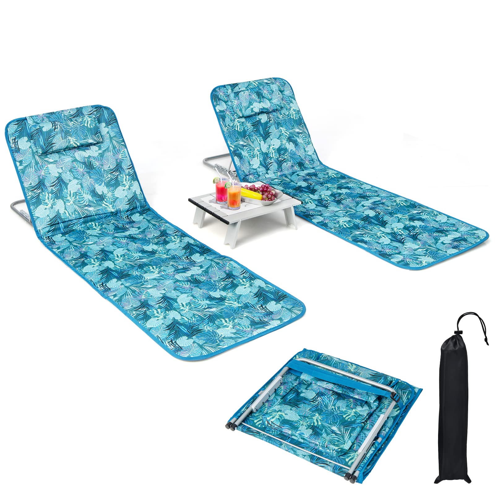 Goplus Beach Chairs with Side Table, 2 Pack Folding Lounge Chairs for Adults, with 5 Adjustable Position, Backpack Lightweight Reclining Lounge Chair for Lawn Camping Picnic Sunbath Pool (Blue&Green)
