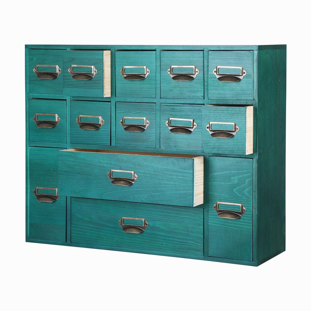 GoooodGift Apothecary Cabinet with Drawers 14 Wooden Drawers Organizer Storage Library Card Catalog Cabinet Tea Organizer for Cabinet Chinese Apothecary Drawers Vintage Apothecary Supplies (Blue)