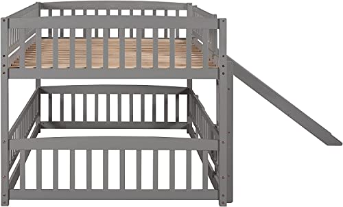 Harper & Bright Designs Low Bunk Beds Full Over Full, Wood Kids Bunk Bed with Slide, Fence and Ladder, Full Size Bunk Beds for Girls Boys, Grey