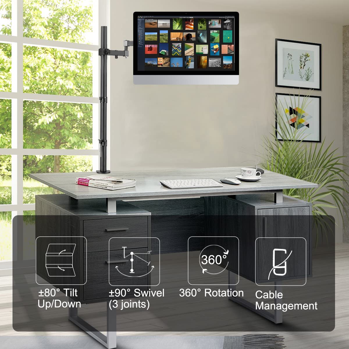 Bracwiser Single Fully Adjustable Standing Height Monitor Arm Stand Mount 800mm Tall for Monitor Computer Screen 13 15 17 19 20 22 23 24 26 27 30 32 inch VESA 75 100 (MD7821)