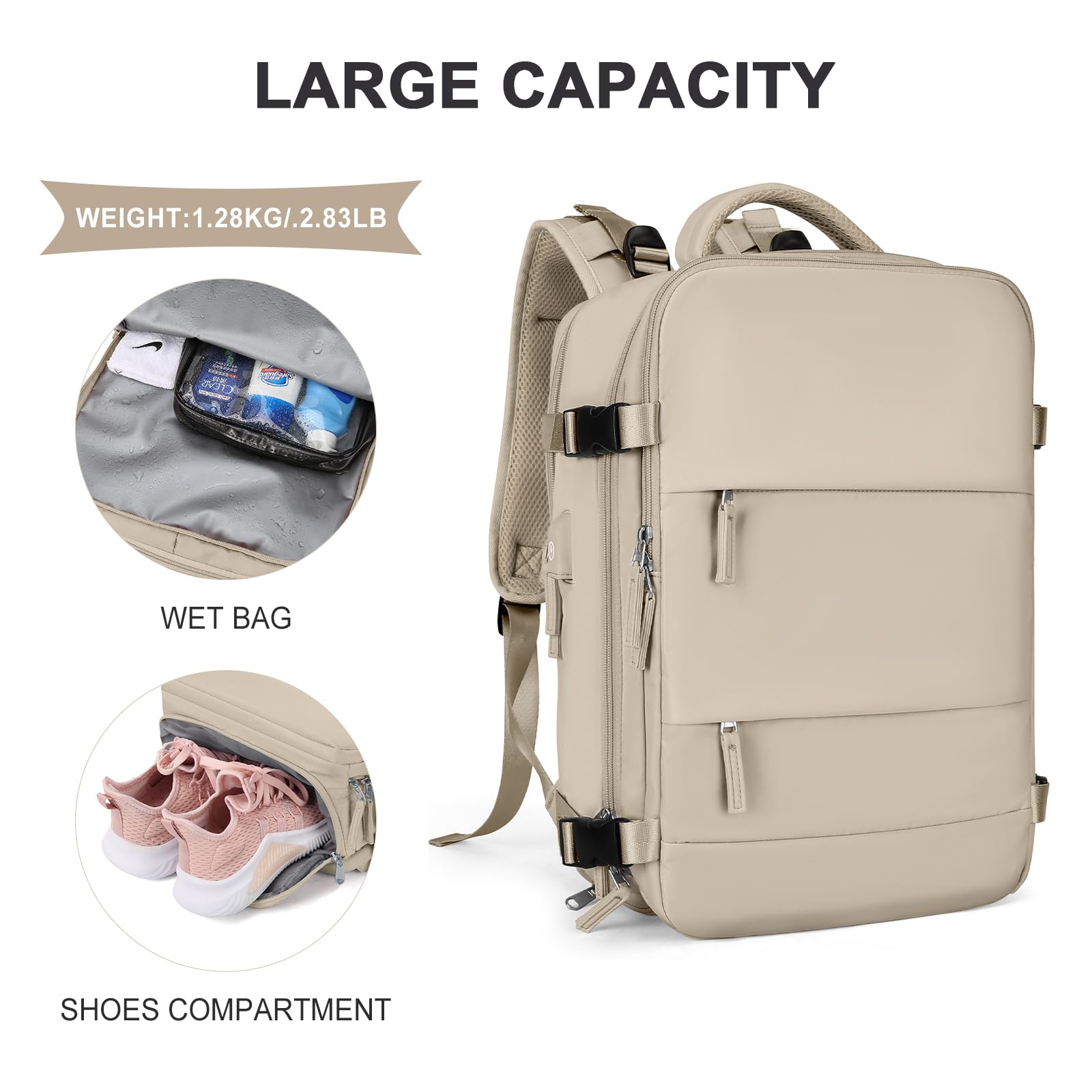 coowoz Large Travel Backpack For Women Men,Carry On Backpack Flight Approved,Hiking Backpack Waterproof Outdoor Rucksack Casual Daypack Fit 15.6 Inch Laptop Shoes Compartment (Khaki-L)