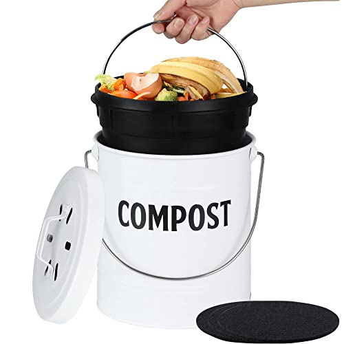 Kitchen Compost Bin by Saratoga Home - 1.3 Gal/5L Metal Compost Bucket for Kitchen Countertop, Kitchen Composter, Countertop Compost Bin, Compost Bin Kitchen, Kitchen Compost Bin Countertop, White