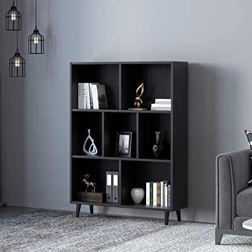 LAR-ME 3-Tier Bookshelf, Mid Century Bookcase with Legs, 7 Cube Wood Bookshelves Storage Organizer Shelf, Free Standing Narrow Book Shelves for Bedroom, Living Room, Office (Black)