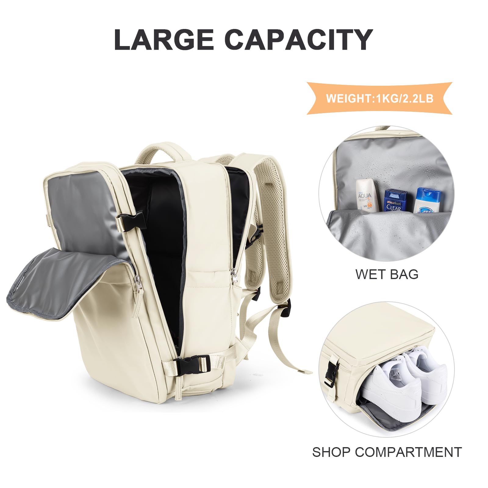 coowoz Travel Backpack For Women Men Airline Approved,Off Whit Carry On Backpack,Large Hiking Backpack Waterproof Outdoor Sports Rucksack Casual Daypack Fit 15.6 Inch Laptop Backpack College Backpack