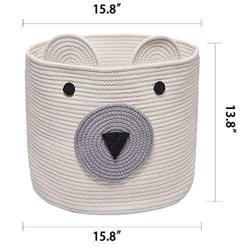 COMEMORY Cotton Rope Storage Basket with Cute Bear Design Foldable Woven Laundry Basket with Large Capacity Decorative Basket Organizer for Toys, Blanket, Towels, Clothes, 16"(D) x 14"(H)