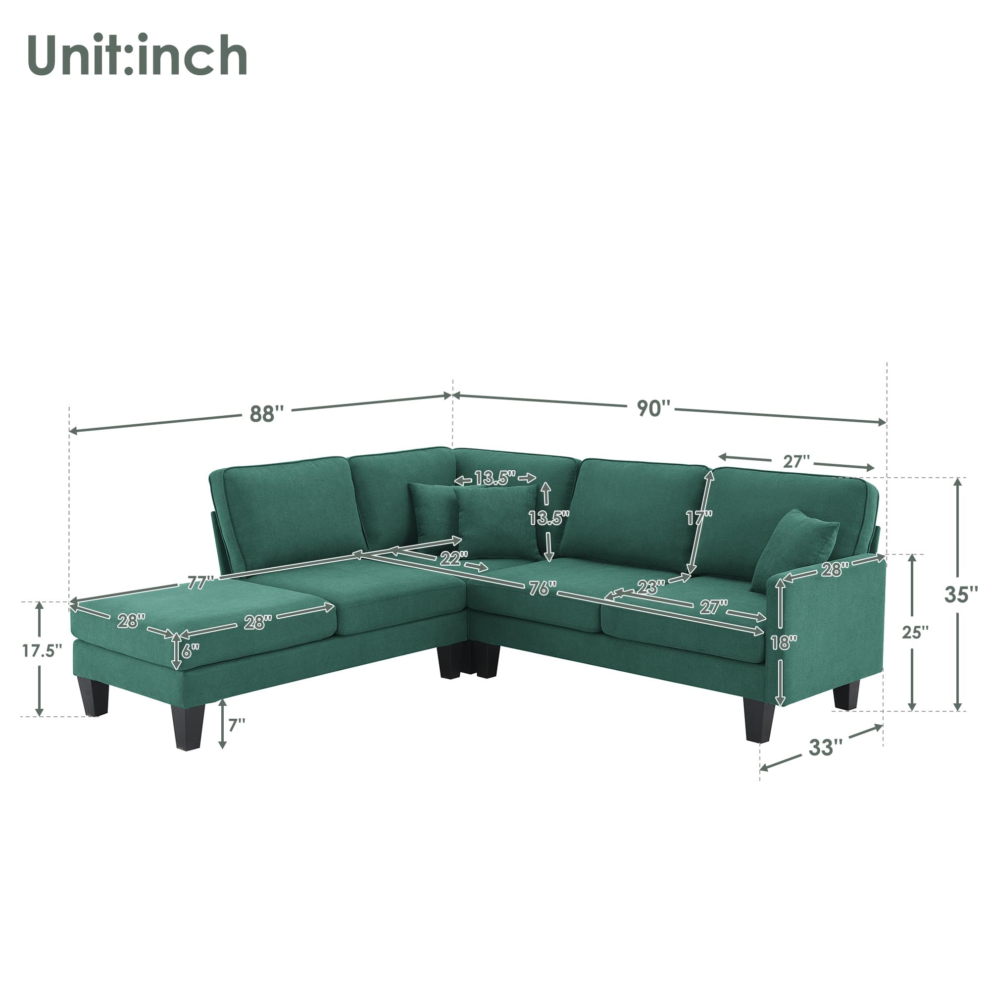 Jintop 90Inch Terrycloth Modern 5-Seat Practical Sectional Sofa with Chaise, L-Shape Wood Indoor Couch with 3 Pillows,for Dorm,Apartment,Studio,Office,Lounges,Green