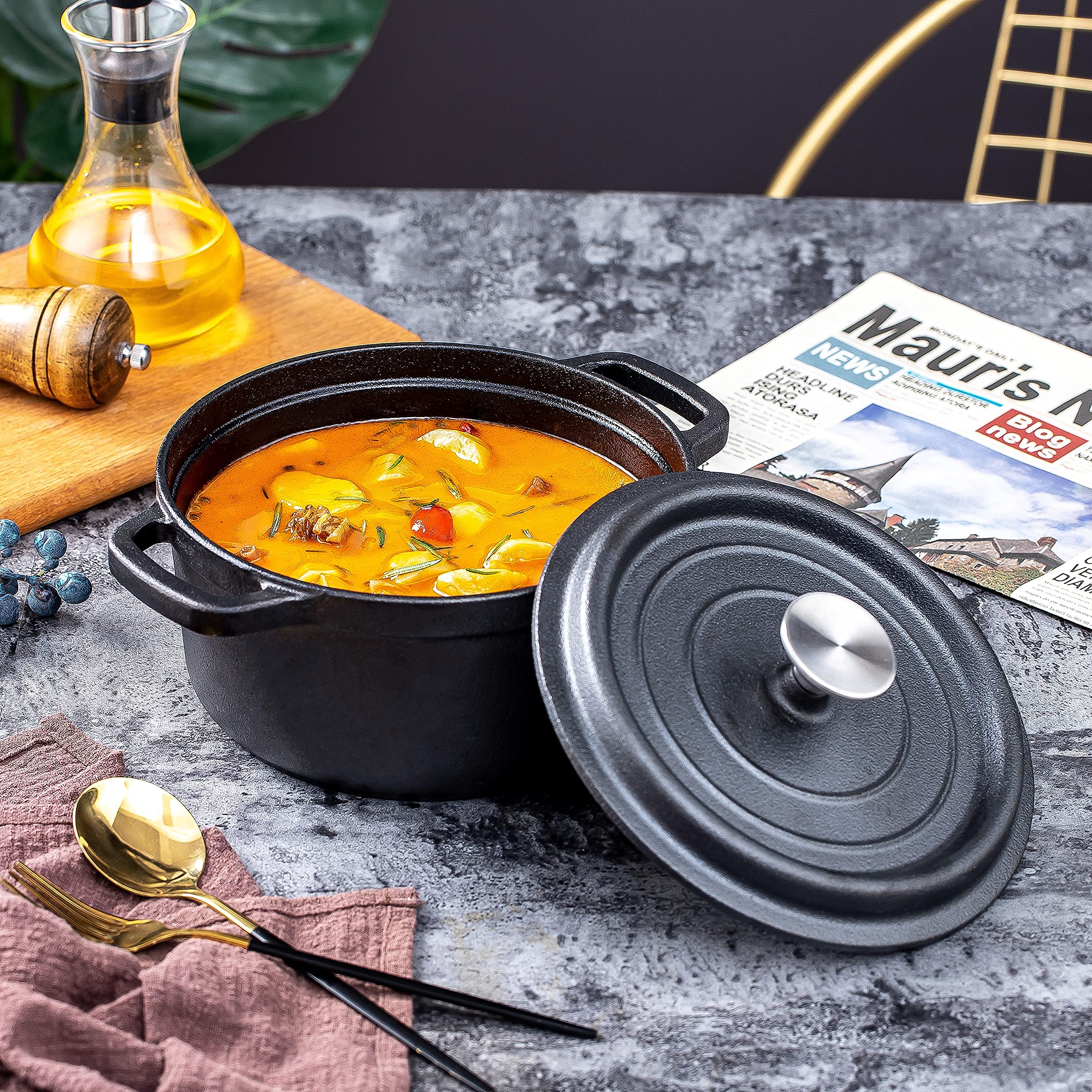 Bruntmor 4 Quart Pre-seasoned NonStick Cast Iron Dutch Oven With Handles, Lid And Silicone Accessories, 5.2 Qt Black Cast Iron Skillet with Loop handle, Cookware Braising Pan For Casserole