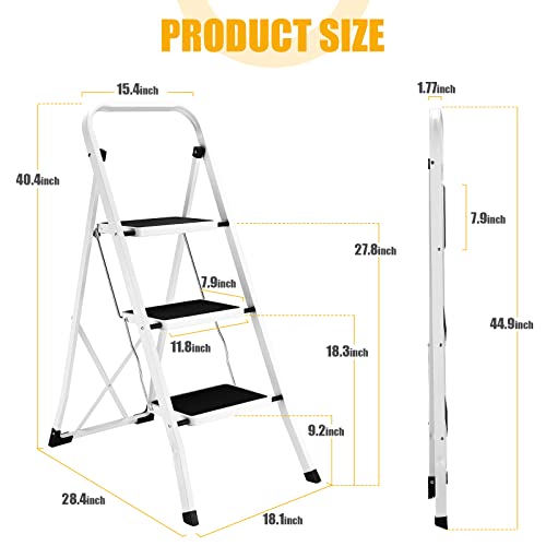 HBTower 3 Step Ladder Folding Step Stool Only 1.77" Wide, Lightweight Step Stools for Adults with Anti-Slip Pedal, Portable Steel Handrails Step Ladder Withstanding 330 lbs