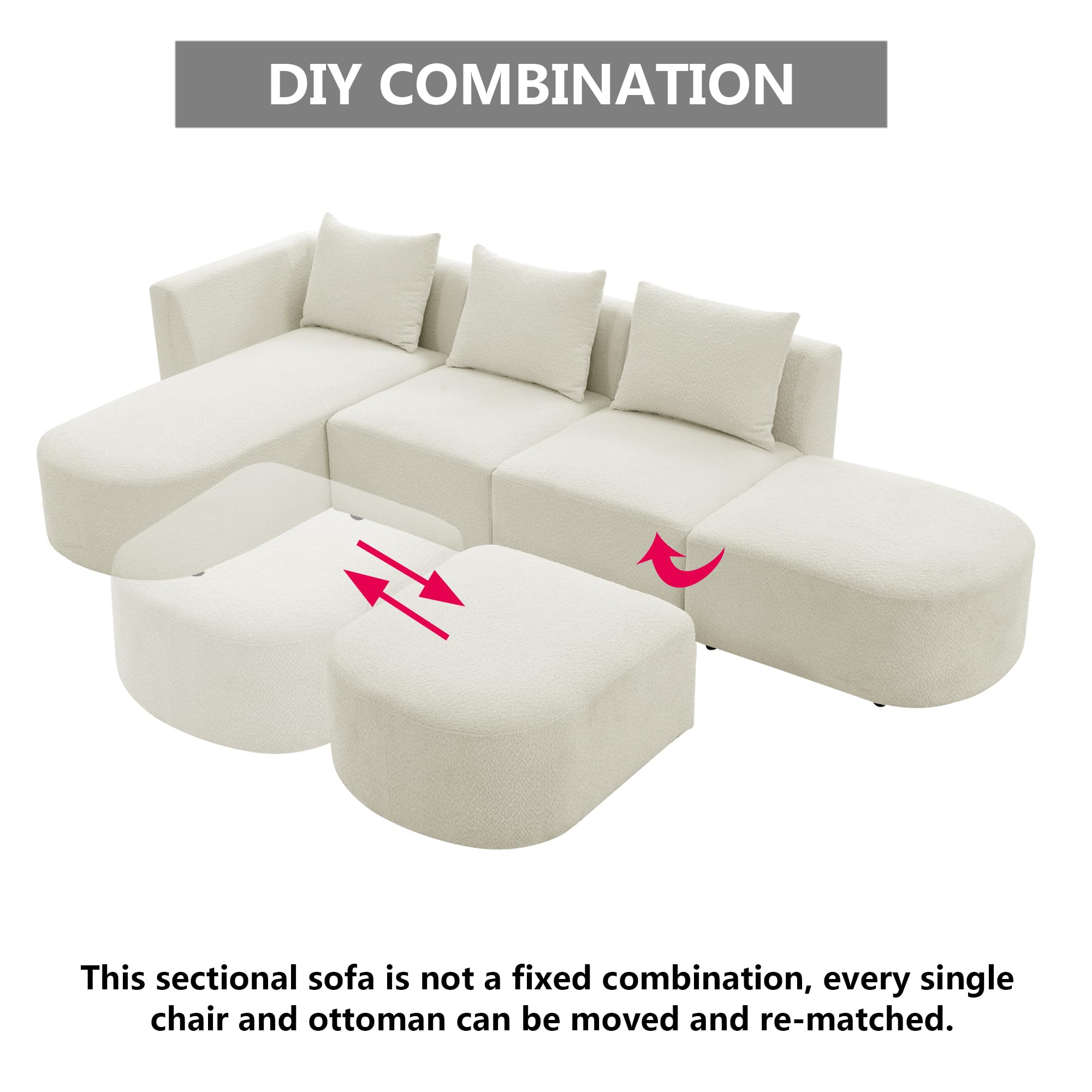 mikibama Modular Sectional Sofa, Modern Minimalist Sherpa U Shaped Couch Set with Two Single Seats and Two Chaises, 117" Comfy Boucle Couches for Living Room, DIY Combination, Black